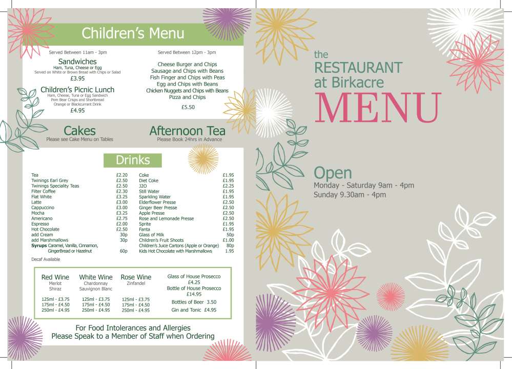 Example Menu - Our Restaurant - Birkacre Garden Centre
