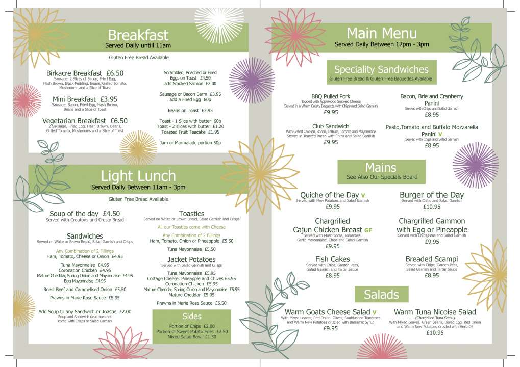 Example Menu - Our Restaurant - Birkacre Garden Centre