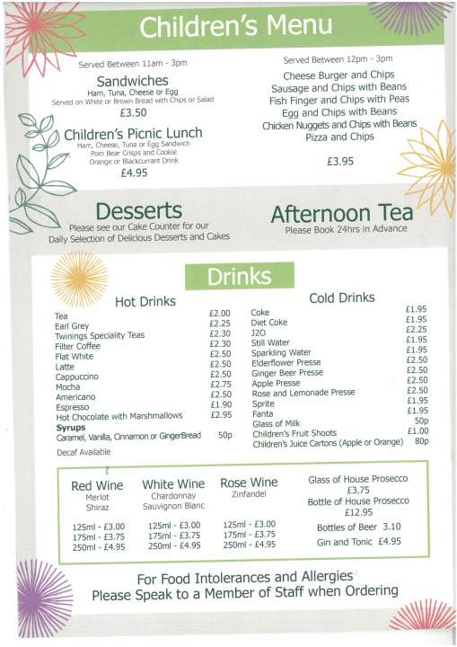 Our Restaurant - Example Menu - Birkacre Garden Centre