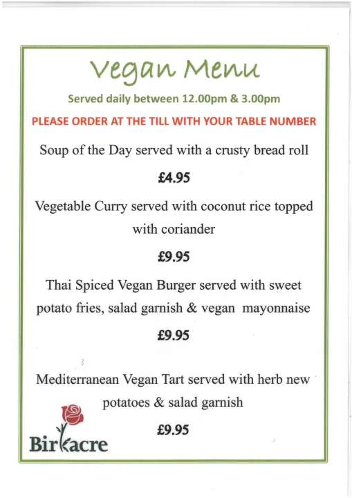 Our Restaurant - Example Menu - Birkacre Garden Centre